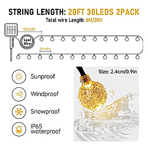 Pellimo 2-Pack 30 LED 20FT Solar String Lights Outdoor, Crystal Globe Lights with 8 Lighting Modes, Waterproof Solar Powered Patio Lights for Garden Yard Porch Wedding Party Decor (Warm White)