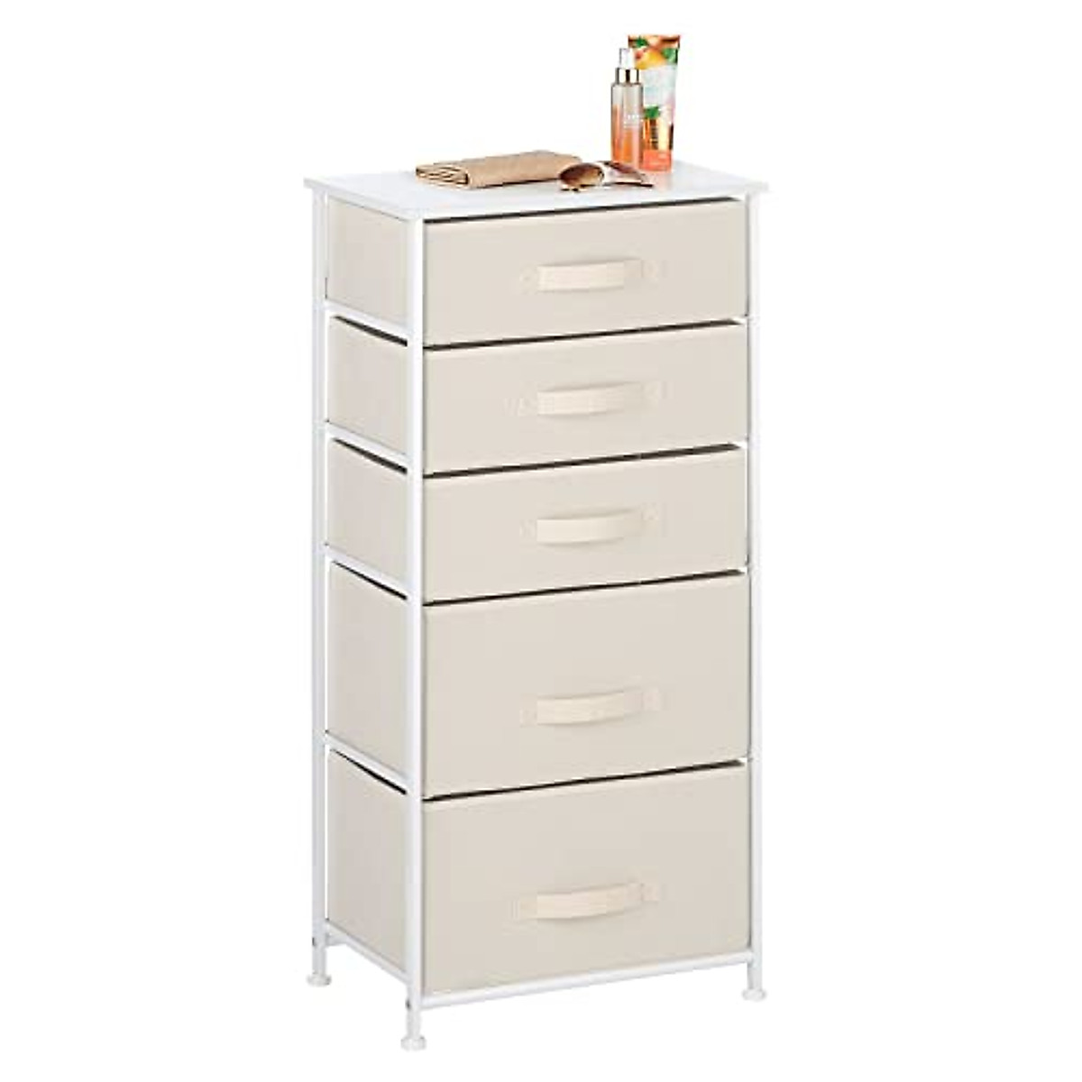 mDesign Steel Frame, Wood Top, Tall Dresser Drawer Organizer Storage Tower, Small Chest Furniture Unit for Bedroom, Hallway, Closet, and Entryway 5 Fabric Bins w/Handle, Jane Collection - Cream/White