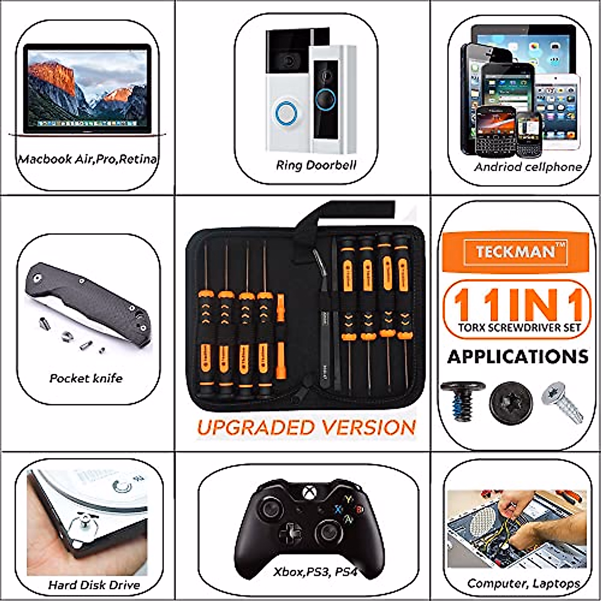 TECKMAN 11 in 1 Torx Screwdriver Set with T3 T4 T5 T6 T7 T8 T9 T10 Security Torx Screwdriver & Tweezer,Magnetic Screwdrivers Precision Repair Kit for Xbox,PS4,Macbook,Computer,Ring Doorbell & Knife