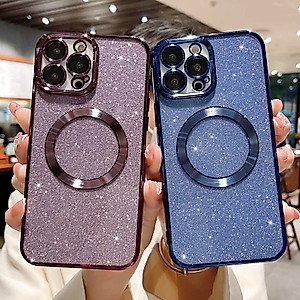 MGQILING Compatible with iPhone 13 Pro Max Magnetic Glitter Case, Luxury Plating Cute Bling Clear Phone Case, Compatible with MagSafe for Women Girls with Camera Protector Back Cover - Purple