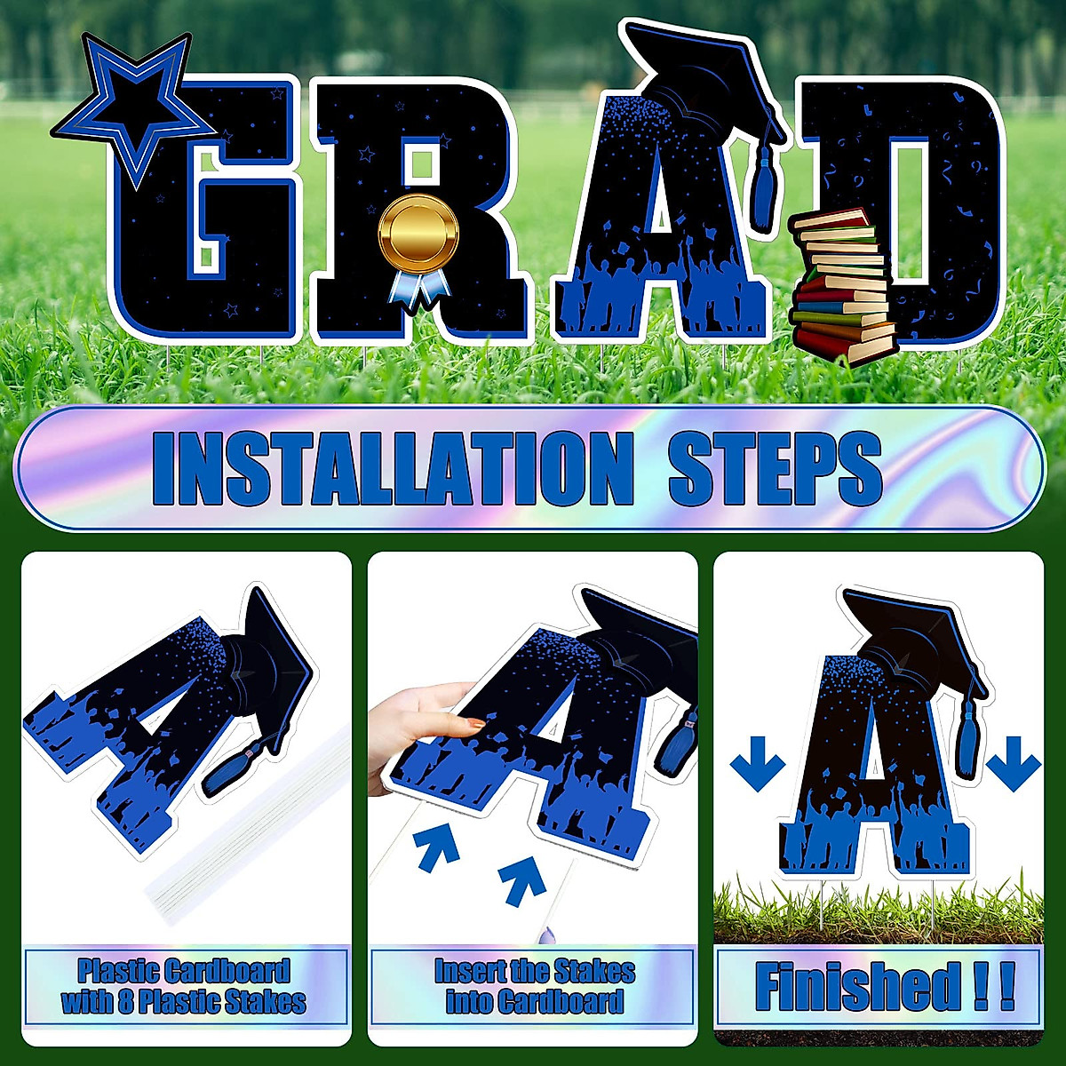 43 Inch Grad Yard Signs Graduation Decoration 2023 Graduation Lawn Sign Glitter Waterproof Congrats Grad Sign with Stakes for Graduation Party Outdoor Garden Decorations Supplies (Blue)
