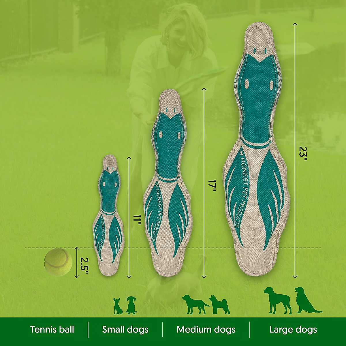 Honest Pet Eco-Quacker Duck Dog Toy - Durable, Floating, Squeaky Fetch Toy - 100% Natural Hemp Canvas & Wool, Lead-Free Ink - Large 23" x 6" x 2.5" Eco-Friendly Dog Toy