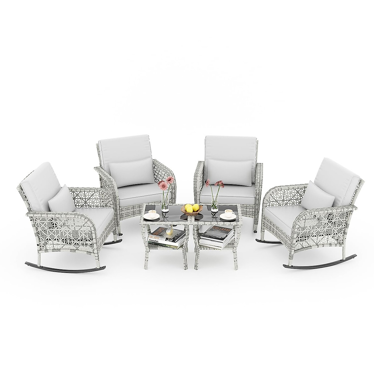 BALDPER 6-Piece Gray Wicker Patio Rocking Chairs Set, Rocking Wicker Bistro Set, Outdoor Furniture Conversation Set with Porch Chairs and Glass Coffee Table, Cloudy Grey