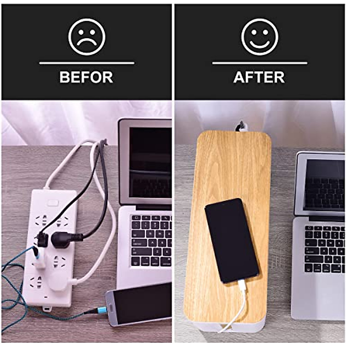 3 Pack Cable Management Box with 18 PCS Cable Management Set - Large & Medium & Small Wooden Grain Cable Organizer Box to Hide Wires & Power Strips | TV Cord Organizer Box | for Home & Office(White)