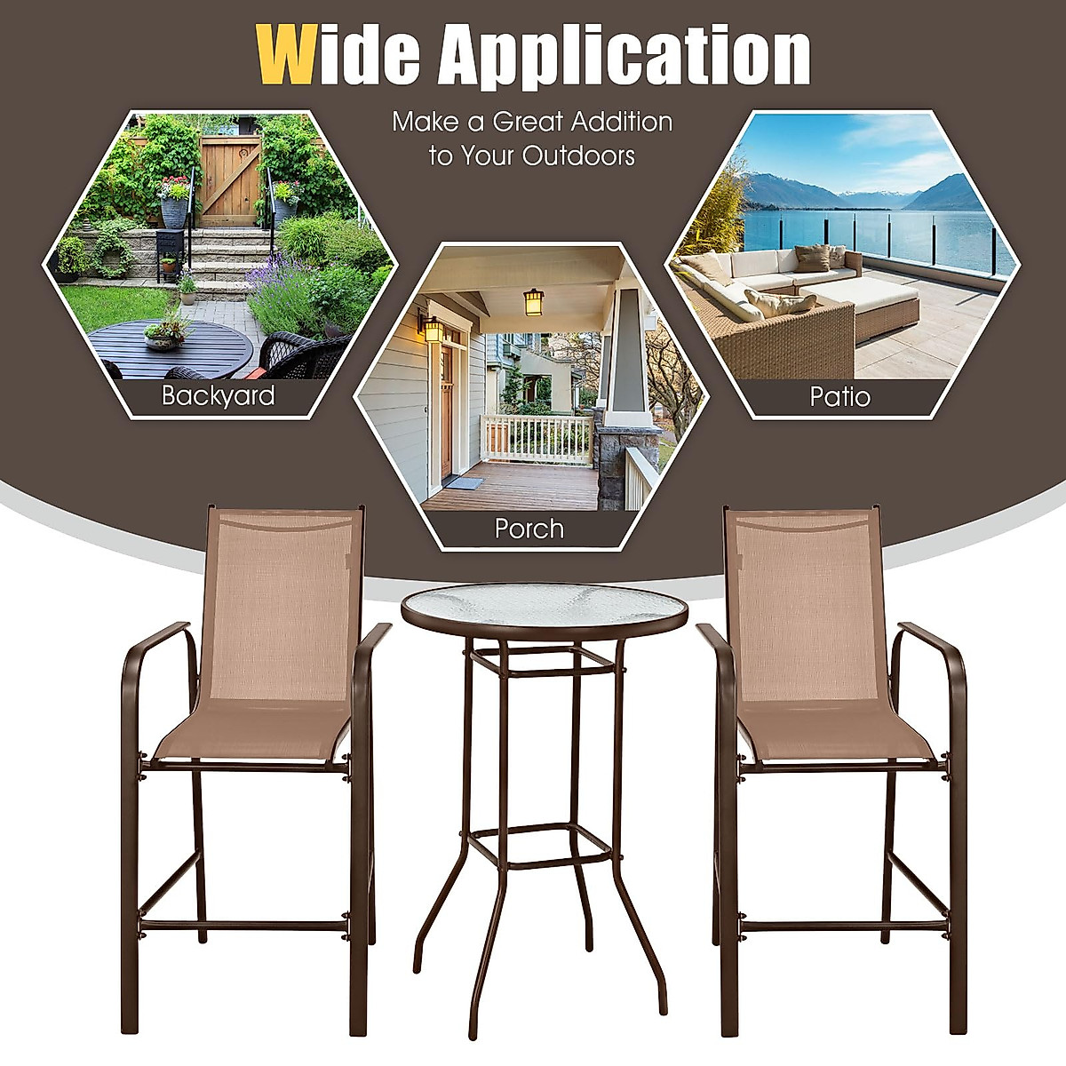 Tangkula 3 Pieces Outdoor Patio Bar Set, Outdoor Bistro Set with 2 Bar Stools and 1 Tempered Glass Bar Table, Bar Height Patio Table and Stools Set for Backyard, Garden, Lawn (Coffee)