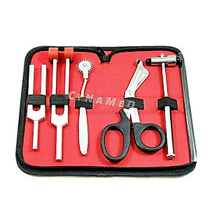 5 Piece Student Diagnostic Kit - Reflex Neurological Buck Hammer And Tuning Fork Set C 128 And C 512. Includes Wartenberg Pinwheel, Premium Steel Bandage Scissor 7.5” Black