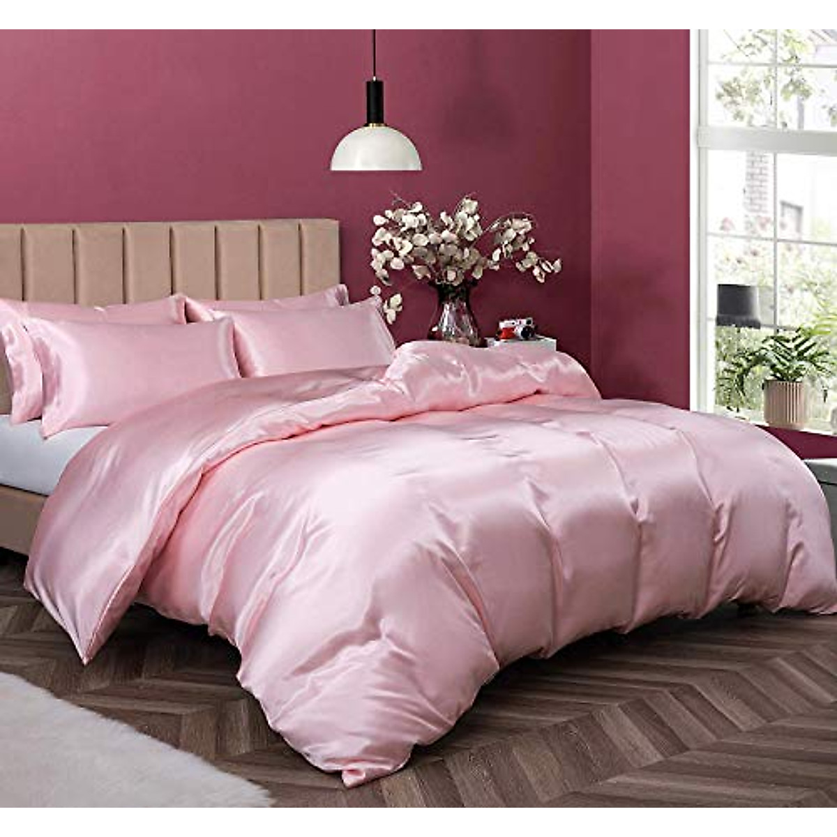 P Pothuiny 5 Pieces Satin Duvet Cover Full/Queen Size Set, Luxury Silky Like Blush Pink Duvet Cover Bedding Set with Zipper Closure, 1 Duvet Cover + 4 Pillow Cases (No Comforter)
