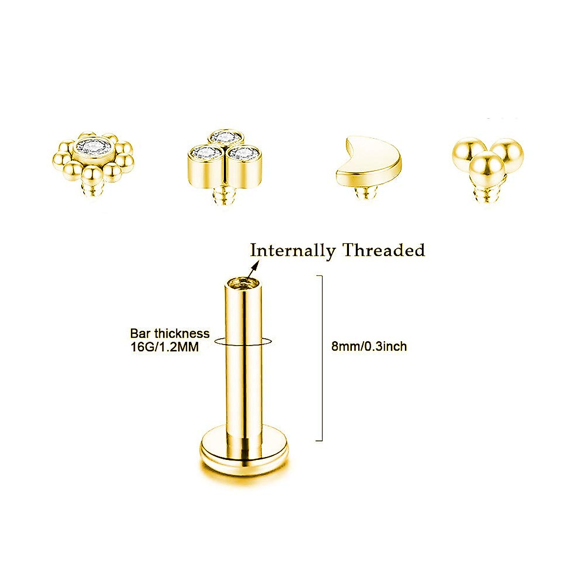 Gnoliew 16G 316L Stainless Steel Labret Monroe Lip Ring Studs Cartilage Helix Tragus Conch Daith Nose Piercing Jewelry. (A5,8mmPost)