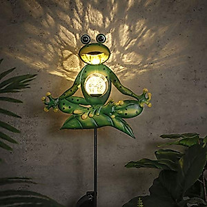 TERESA'S COLLECTIONS 35 inch Meditation Yoga Frog Garden Solar Stake Lights for Outdoor Decor, Decorative Metal Green Happy Zen Frog for Outside Patio Lawn Yard Decoration