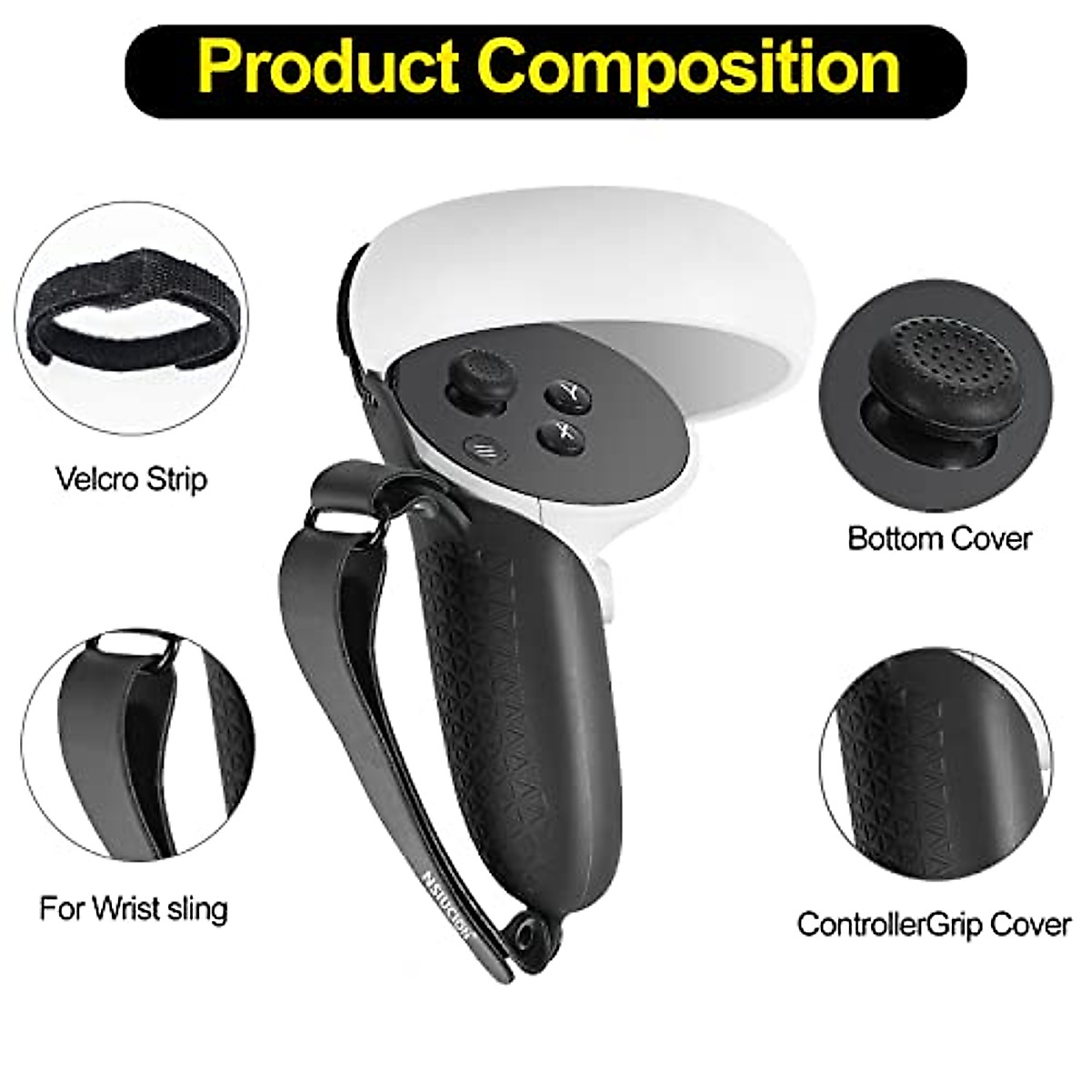 Nsiucion Controller Grip Cover for Oculus Meta Quest 2, Anti-Slip Silicone Protector Case with Adjustable Wrist Knuckle Strap, VR Oculus Quest 2 Accessories (1Pair Black)