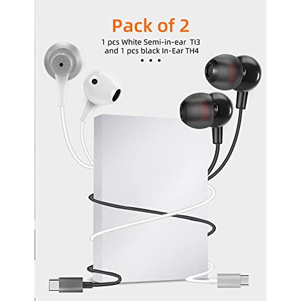 MAS CARNEY 【2 Pack Black+White】 Digital USB Type C Earphones, TI3/TH4 USB C Earbuds,in-Ear Earbud Noise Isolating Pure Sound and Powerful Bass for USB-C Type-c Music Device