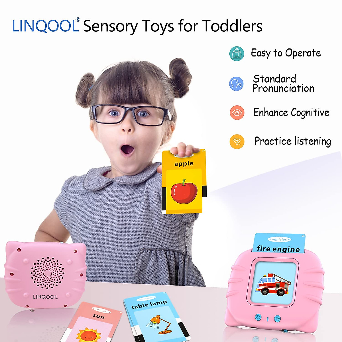 LinQool Preschool Learning Toys,Toddler Flash Cards,112pcs Animal Sight Words Cards Kindergarten,Educational Toys for 2 3 4 5 Year Old Boys Girls,Toddler Activities Gift (Pink) (LQ04)