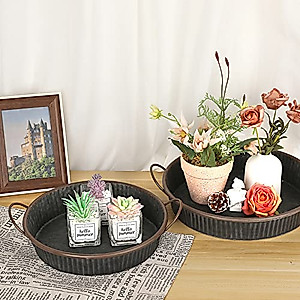 Hipiwe Galvanized Metal Iron Tray with Handles Farmhouse Rustic Decorative Tray Industrial Style Serving Tray Round Galvanized Tray for Coffee Table, Home Decor (Set of 2)
