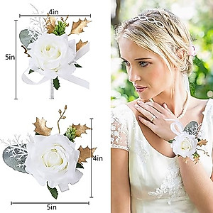 Spirit Up Art 2Pcs Ivory White Rose Wrist Corsage and Boutonnieres Set Groom Groomsman Corsages Bridal Girls Artificial Wristlet Flower for Wedding Ceremony Anniversary Formal Dinner Party Prom Decor
