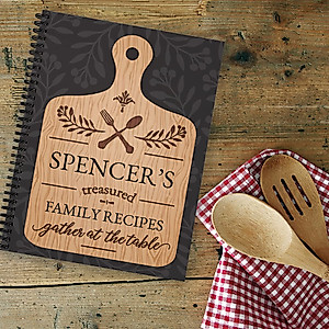Treasured Recipes Personalized 8.5" x 11" Recipe Notebook, Durable Gloss Laminated Softcover, 120 Recipe Pages, Black Wire-o spiral. Made in the USA.