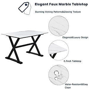 EMKK 5-Piece Dining Table Set with Faux Marble Tabletop and Upholstered Chairs for 4, Solid Wood Kitchen TableSet,Home,Hotel or Bar, White+Beige