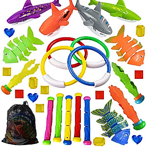 Jasonwell Pool Diving Toys Games - 31 PCS Swimming Pool Toys for Kids Teens with Diving Rings Dive Sticks Underwater Treasures Torpedo Bandits Fish Toys etc Fun Water Swim Toys for Boys Girls Adults