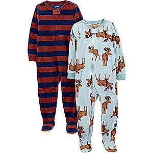 Simple Joys by Carter's Baby Boys Holiday Loose-fit Flame Resistant Fleece Footed Pajamas And Toddler Sleepers, Burgundy Stripe/Light Blue Moose, 12 Months US