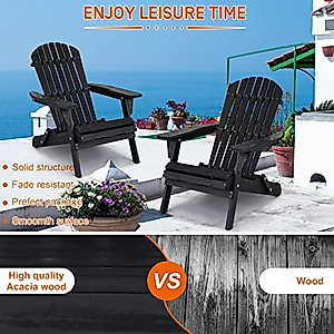 Folding Adirondack Chair Set of 2 Patio Chairs Weather Resistant Folding Outdoor Chair Solid Wooden Heavy Duty Reclining Fire Pit Chair for Deck, Lawn, Backyard, Garden-Black