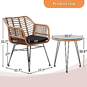KROFEM 3 Piece Wicker Patio Bistro Furniture Set, Includes 2 Chairs and Glass Top Table, Ideal for Porch, Outdoor, Backyard, Apartment, Balcony Natural Color
