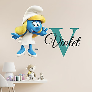 EGD Custom Name & Initial Smurfette The Smurfs Kids Wall Decor | EGD X The Smurfs Series | Personalized Wall Decal for Baby Girl or Boy | Multiple Sizes and Color Options