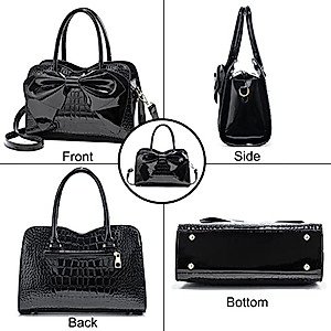 XingChen Shiny Women Handbag Patent Leather Bowknot Purse Charm Glossy Top-Handle Satchel Tote Fashion Shoulder Bag(Black)