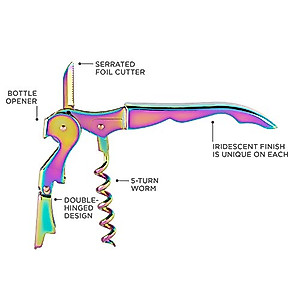 Blush Mirage Double Hinged Corkscrew, Cute Iridescent Wine Bottle Opener and Foil Cutter, Stainless Steel Bar Accessories, 4.75 Inches Long, Set of 1