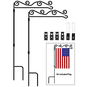 Garden Flag Pole Stand Holders, BONWIN Thickened Flagpole Stands for Garden Yard Lawn Flags, Powder Coated Weather-Proof Paint Metal with Spring Stoppers & Anti-Wind Clip, 36.34" H x 16.02" W (2 PACK)