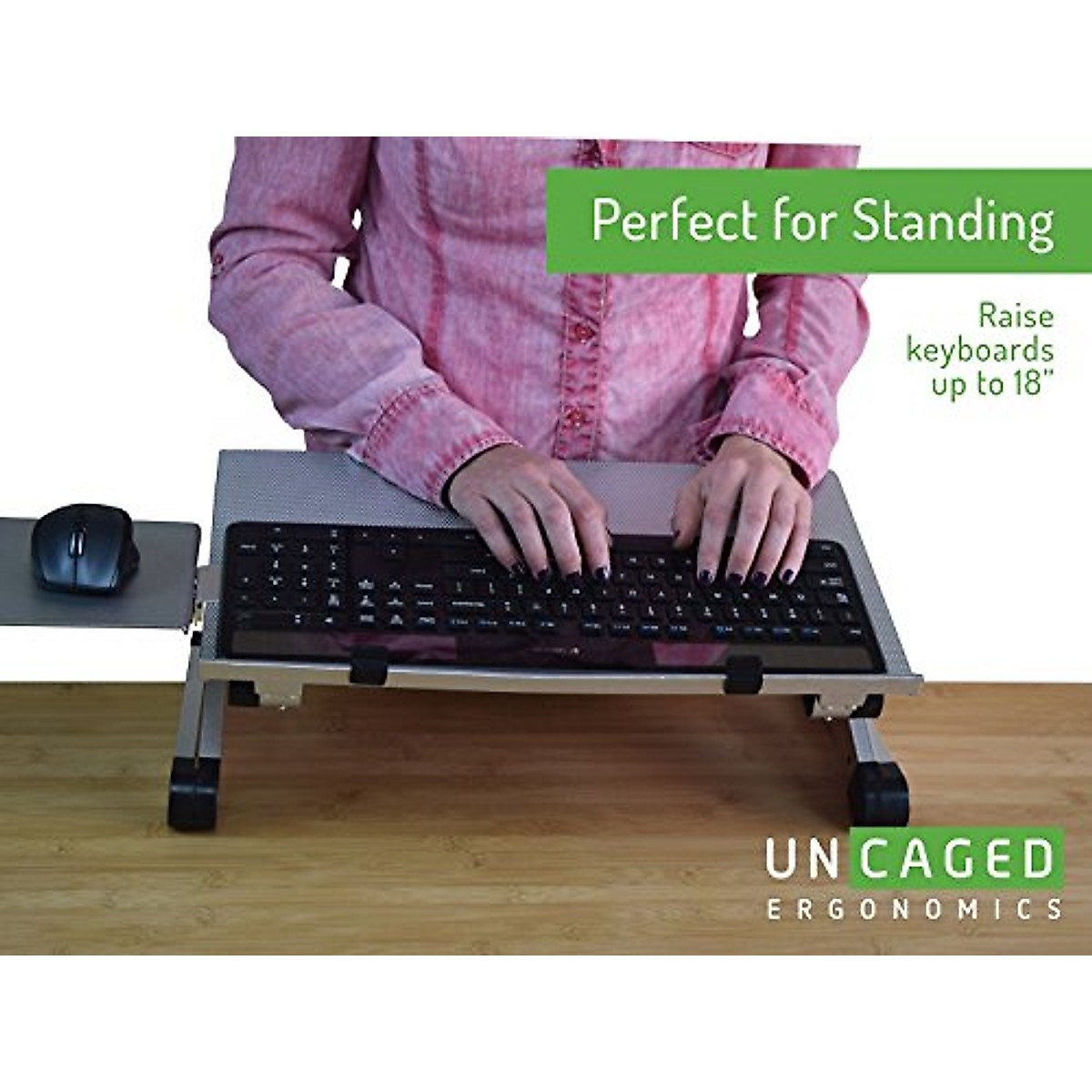 WorkEZ Keyboard and Mouse Tray ergonomic on-desk riser adjustable height angle negative tilt Raise computer keyboards to Standing sit stand-up standing accessories lift silver