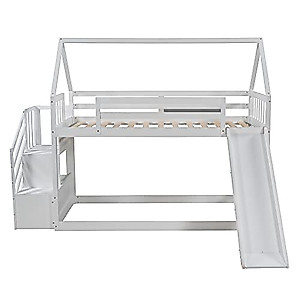 DEYOBED Twin Over Twin Wooden Bunk Bed with Slide and Storage Staircase for Kids Adults