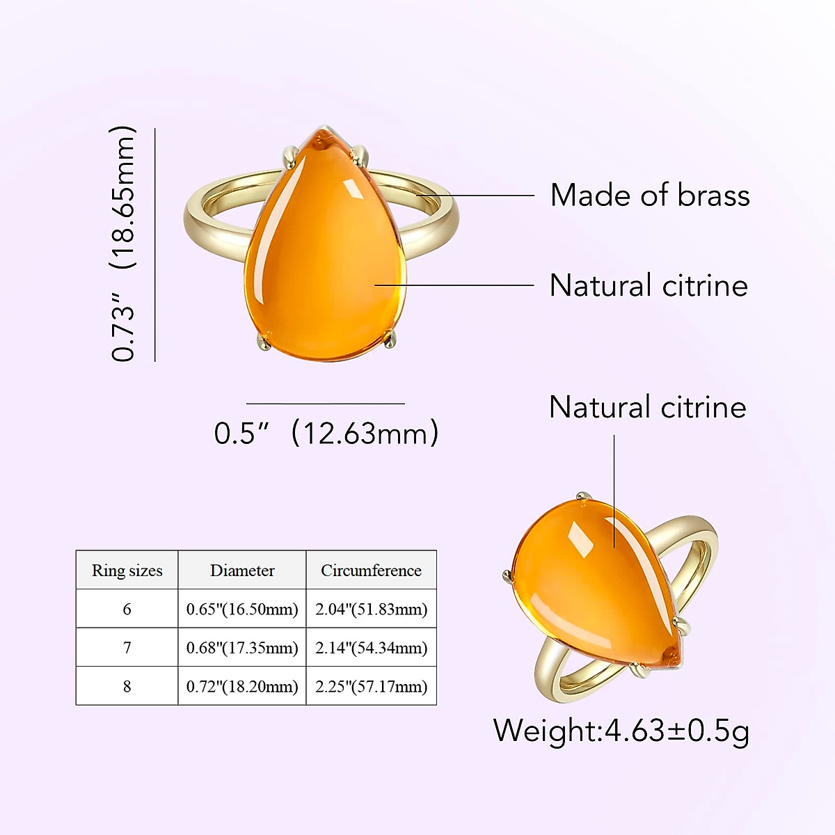 Jupiter Teardrop Natural Citrine Ring - 14k Gold Plated Waterdrop Genuine Gemstone Women Ring, Natural Birthstone Teardrop Ring Jewelry Gifts for Valentine's Day, Mother's Day, Birthday Jewelry Gifts