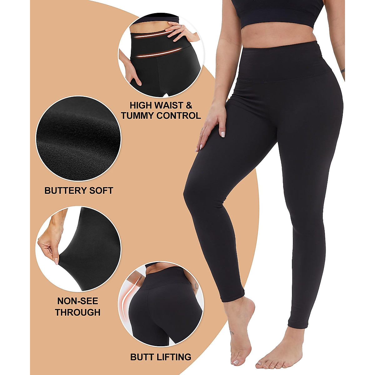 High Waisted Leggings for Women - Buttery Soft Tummy Control Yoga Pants for Workout, Running - Reg & Plus Size, Large-X-Large (Black）