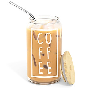 16 oz Iced Coffee Cup with Bamboo Lids and Straws | Mason Jar Cups & Iced Coffee Tumbler with Lid and Straw | Glass Cups for Iced Coffee, Boba Cup | Beer Can Glass & Smoothie Cup - Coffee