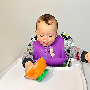 Droolees Premium Waterproof, Widemouth, Soft Silicone Feeding Bibs, Unisex, Washable, Includes Bonus Item, Rolls up for Travel, 2 Pack
