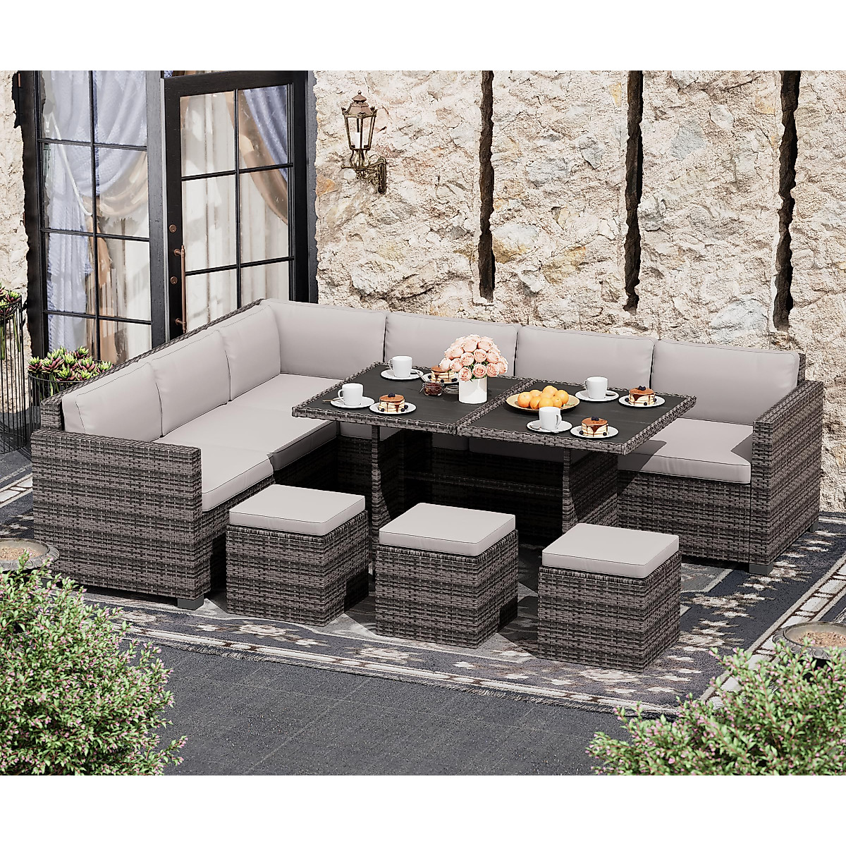 LHBcraft 7 Piece Patio Furniture Set, Outdoor Furniture Patio Sectional Sofa, All Weather PE Rattan Outdoor Sectional with Grey Cushions and Table, Grey Wicker (Grey)