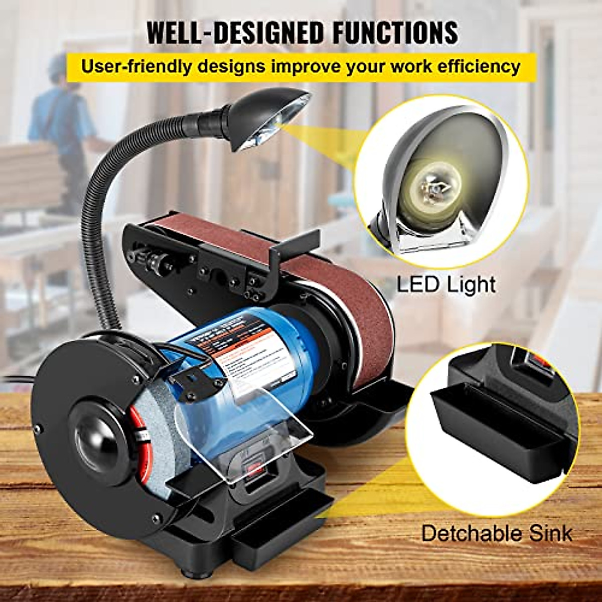 Happybuy 2 IN 1 2inch Belt Grinder for Knife Making 6inch 3450rpm per min Belt and Disc Bench Sander 90 Degree Belt Holder with Sturdy Base and LED Working Lamp