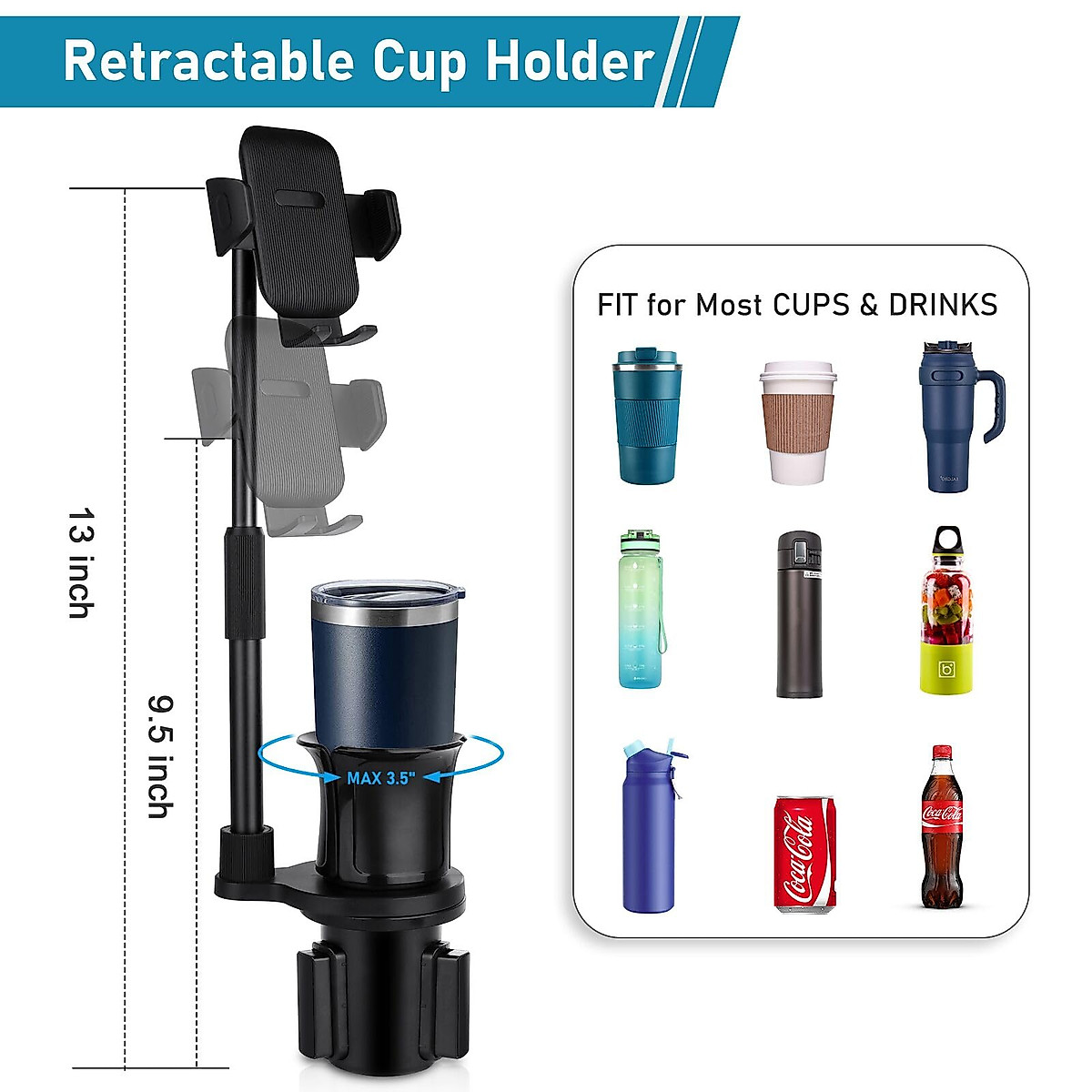 Uncaddn 2 in 1 Cup Phone Holder for Car, Stretchable Long Neck, Compatible with iPhone 14 Pro Max, Galaxy S10 Plus, and More