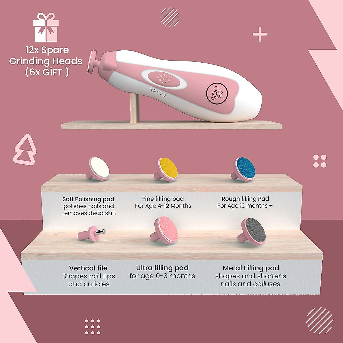 BİDO Baby Nail Trimmer File Electric-Safe Baby Nail Clippers,Manicure Kit for Newborn Toddler and Kids,12 Grinding Heads and LED Light, Pink or Blue (Pink)