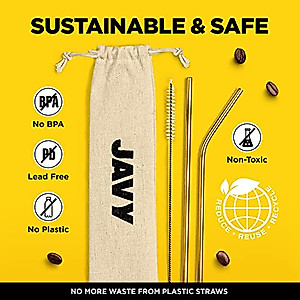 Javy Premium Metal Straws with Silicone Tip, Cleaning Brush & Travel Case, Stainless Steel Straws with Copper Finish, Reusable, Dishwasher Safe, Set of 2
