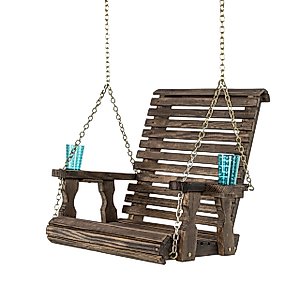 Amish Casual Heavy Duty Roll Back Pressure Treated Swing Chair with Cupholders (Dark Walnut Stain)