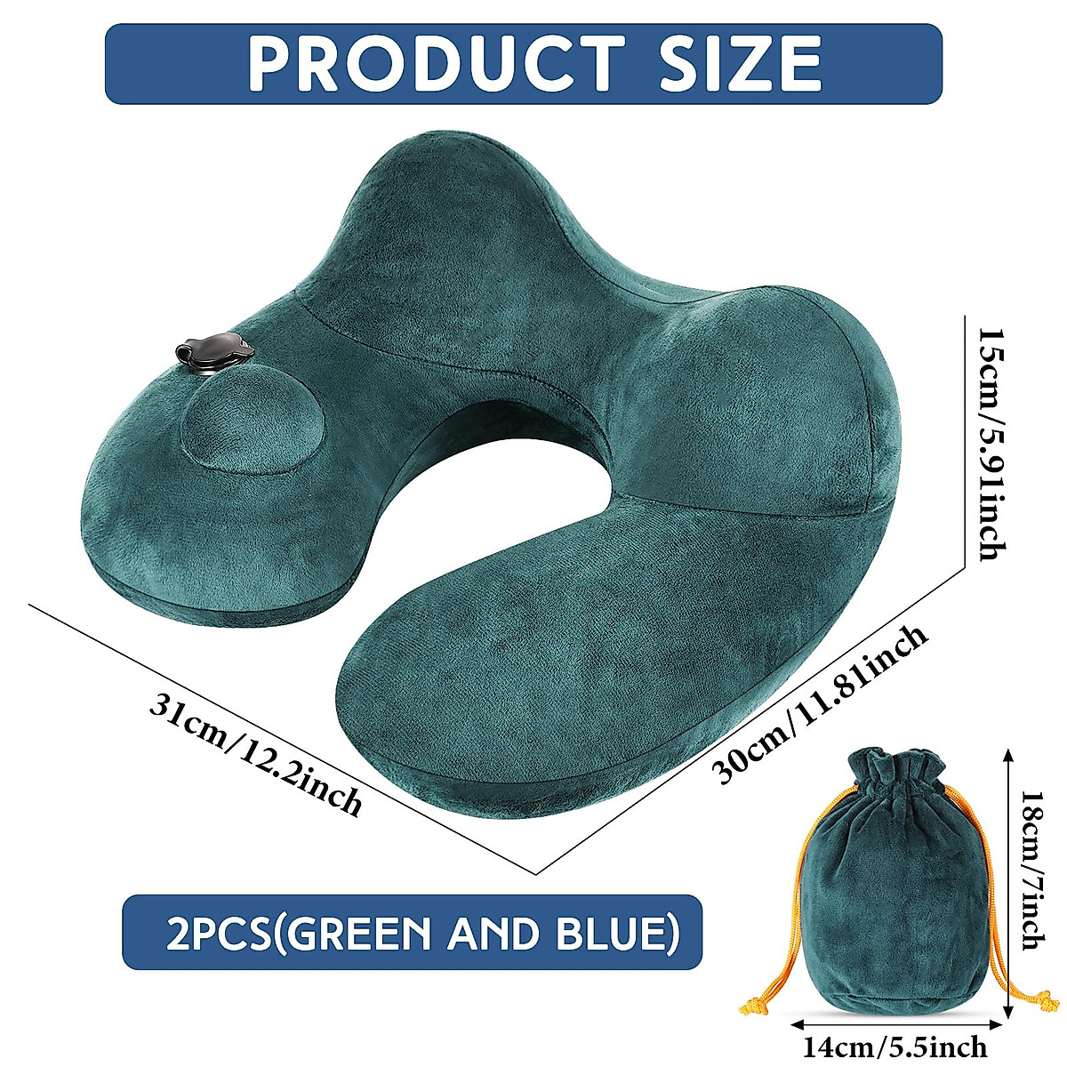 Xtinmee 2Pcs Self-Inflatable Pillow Soft Airplane Travel Pillow with Compact Bag for Long Flight Neck Cushion for Head Support Car Home Office 12.2x11.81x5.91in(Peacock Green, Blue)