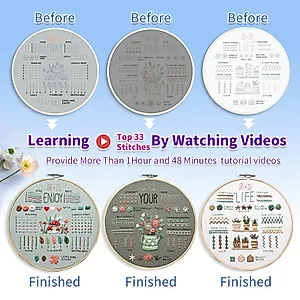 ETSPIL 3 Pack Beginner Embroidery Kits for Adults DIY Starter Kit with 33 Stitch Techniques, Stamped Patterns, Embroidery Hoop, Colorful Threads, Tools, Step by Step Instructions & Video Tutorial