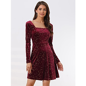 Allegra K Women's Christmas Stars Square Neck Vintage Velvet Mini Dress Medium Red