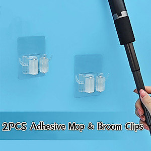 2PCS Mop Broom Holder Wall Mount Self Adhesive, Broom Rack Mop Hanger for Closet broom Storage Cabinet, Garden Tool Organizer Tool Hangers for Garage Wall No Drill