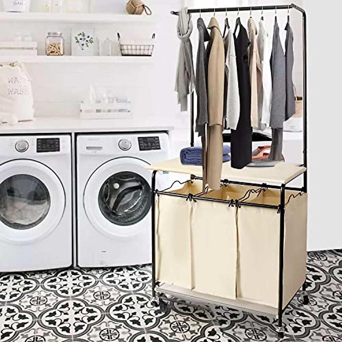 Laundry Sorter Cart with Ironing Board 3-Section Laundry Hamper and Hanging Bar Clothes Rack Heavy-Duty Rolling Laundry Cart with 3 Removable Bags