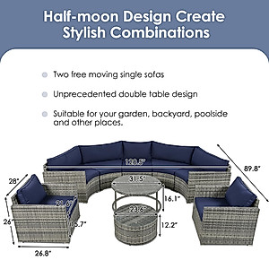 YSWH 9-Piece Outdoor Half Moon Sofa Set, Rattan Patio Furniture Half Round Sofa Set with Overlapping Round Table, Sectional Conversational Sofa Set for Free Combination, 1