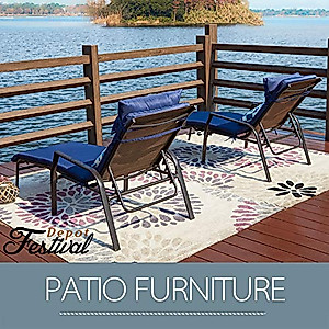 Festival Depot 3 Pieces Outdoor Patio Chaise Lounge Adjustable Back Chairs Set of 2 Chairs and 1 Bistro Table for Pool Garden Backyard with Removable Cushions (Blue)