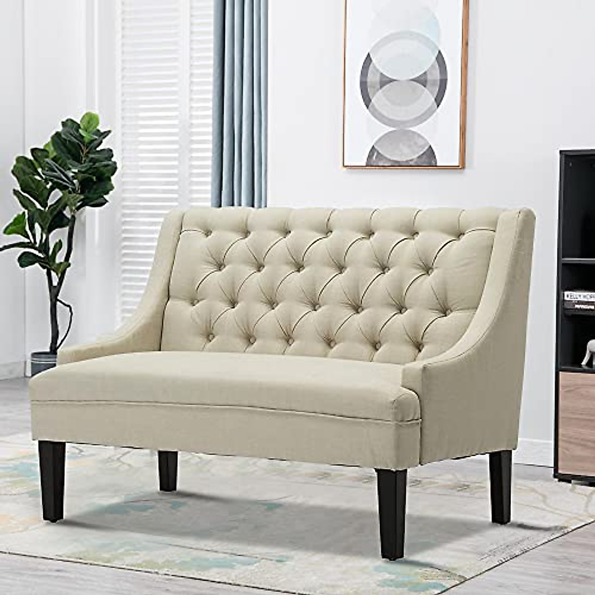 Andeworld Modern Tufted Button Back Upholstered Loveseat for Dining Room Hallway or Entryway Seating (Ivory)