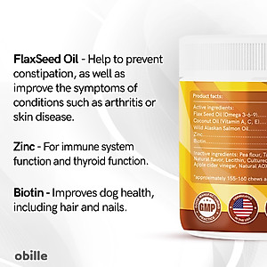 Obille Skin & Coat Omega for Dogs 160 Chews 12oz – Salmon Oil Supplement For Puppies and Large Dogs, Support Shiny Coat, Dry & Itchy Skin Relief, Immune & Heart Health and may reduce Allergy, Shedding