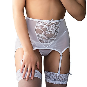 2 Pieces Lace High Waisted Garter Belts Plus Size with Panty for Women's Sexy Lingerie Stockings Sets (White, 1X-2X)